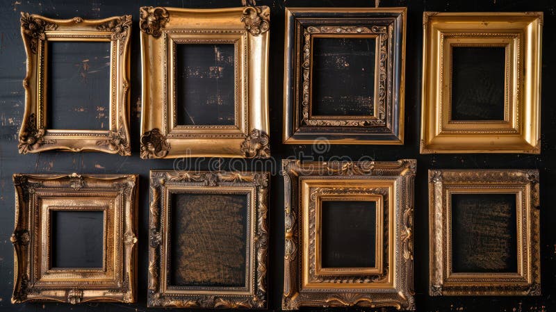 Vintage Charm: Set of Antique Golden Rectangular Picture Frames Stock ...