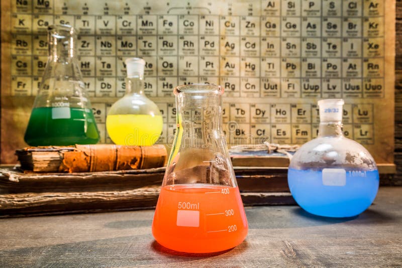 Vintage Chemical Lab with Periodic Table of Elements Stock Photo ...