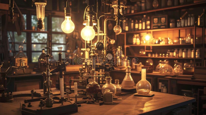 Vintage Chemistry Lab with Glowing Light Bulbs and Glassware Stock ...