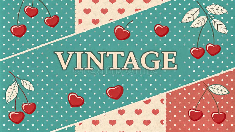 Vintage Cherry Hearts Pattern with Polka Dots and Rustic Texture Stock ...