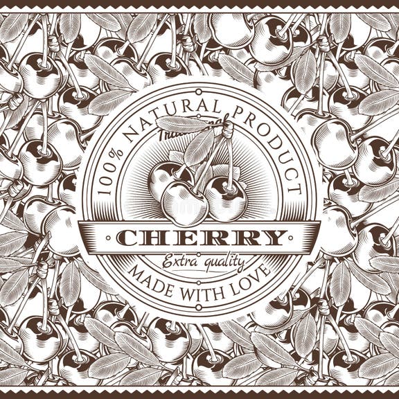 Vintage Cherry Label on Seamless Pattern Stock Vector - Illustration of ...