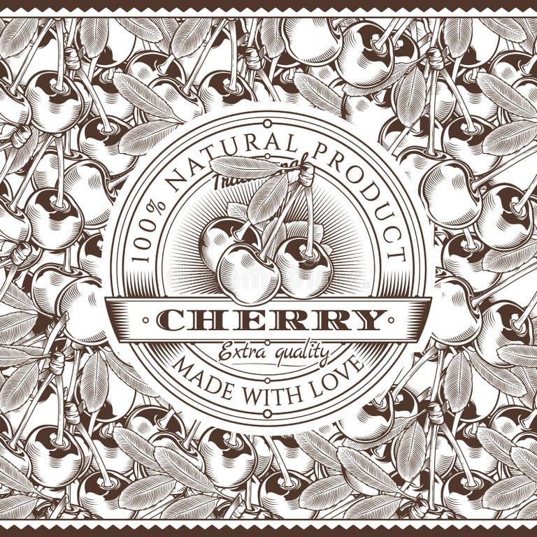 Vintage Cherry Label on Seamless Pattern Stock Vector - Illustration of ...
