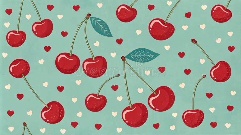 Vintage Cherry Pattern with Hearts on Teal Background for Retro Design ...