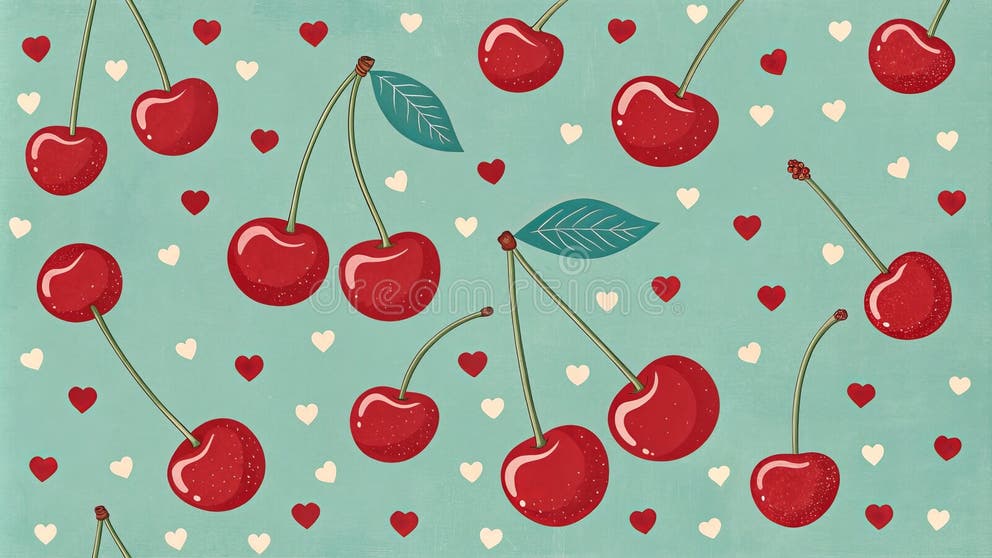 Vintage Cherry Pattern with Hearts on Teal Background for Retro Design ...