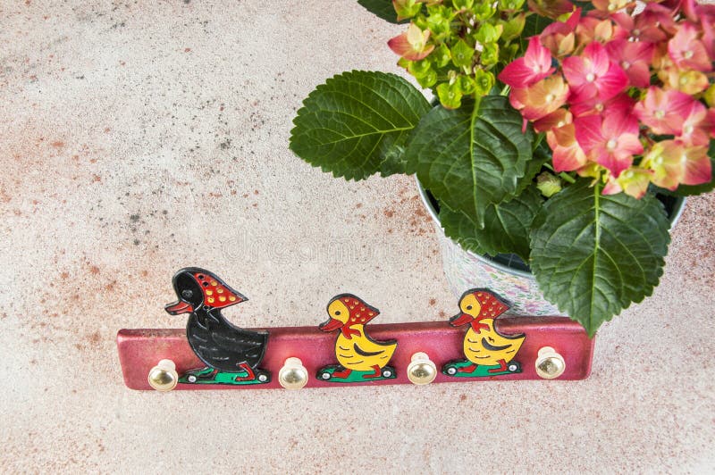 Vintage Children Coat Rack Duck and Hydrangea Stock Image - Image of ...