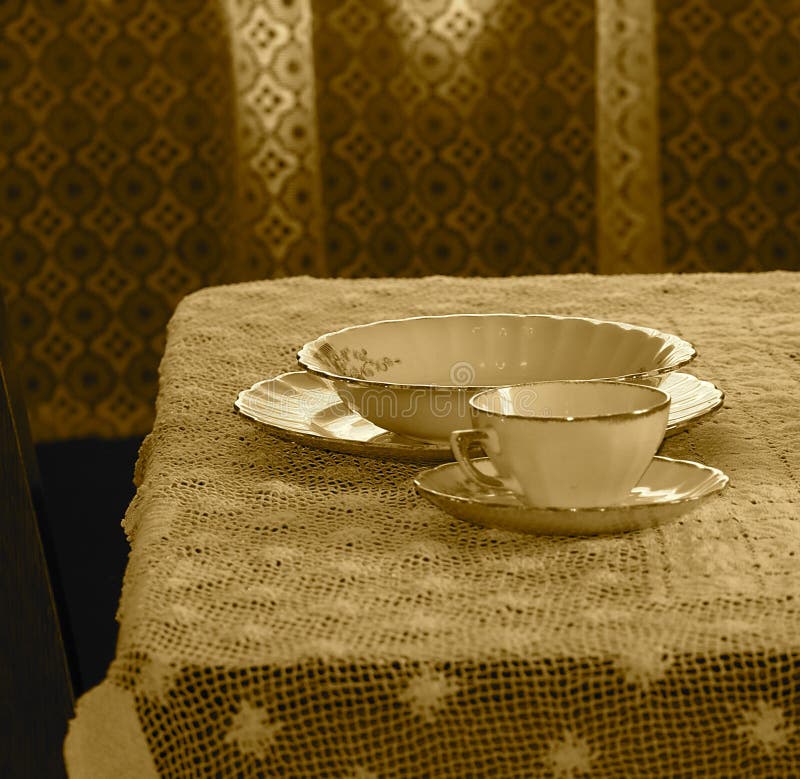 Vintage China Place Setting in Sepia Stock Image - Image of retro ...