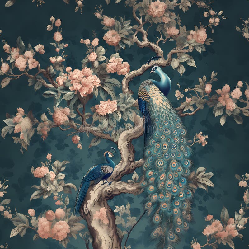 Vintage Chinoiserie Flower and Tree with Peacock Stock Illustration ...