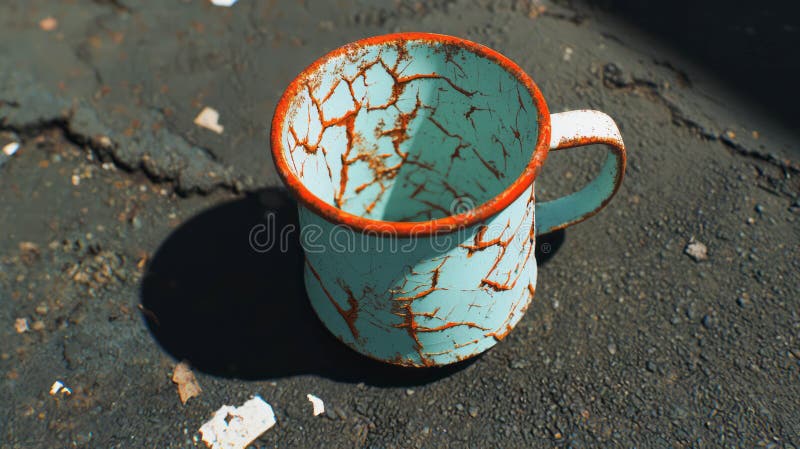 Vintage Chipped Enamel Mug on Rustic Surface in Natural Light Stock ...