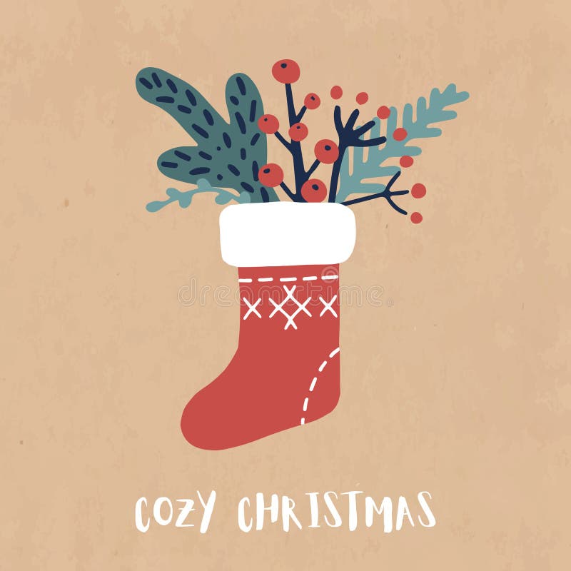 Vintage Christmas Card Template. Christmas Sock with Festive Decor ...
