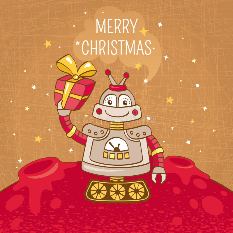 Vintage Christmas Greeting Card with Robot Stock Vector - Illustration ...