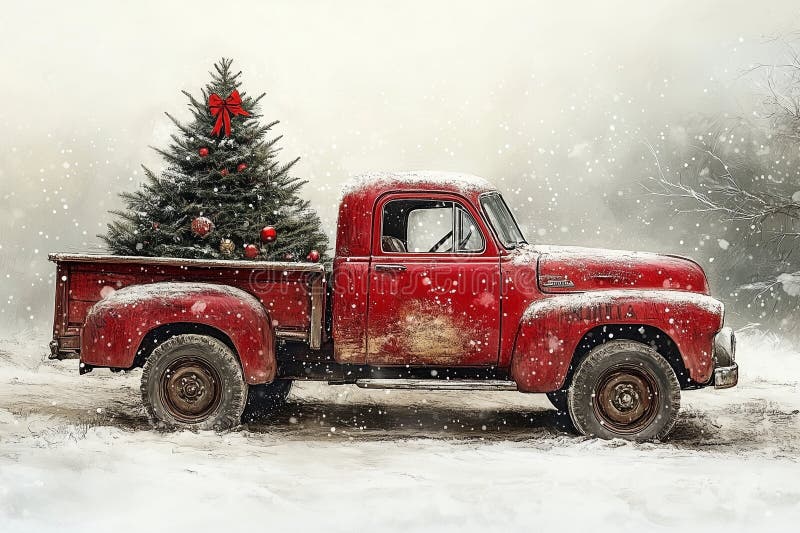 Vintage Christmas Postcard with Red Car and a Christmas Tree Ai ...