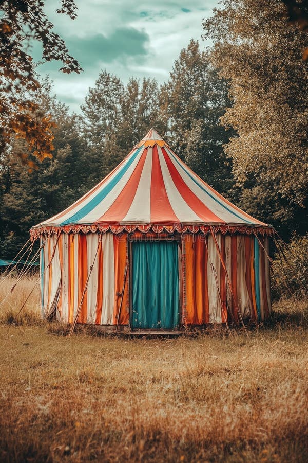 Vintage Circus Tent with Bright Stripes in Autumn Forest Landscape ...