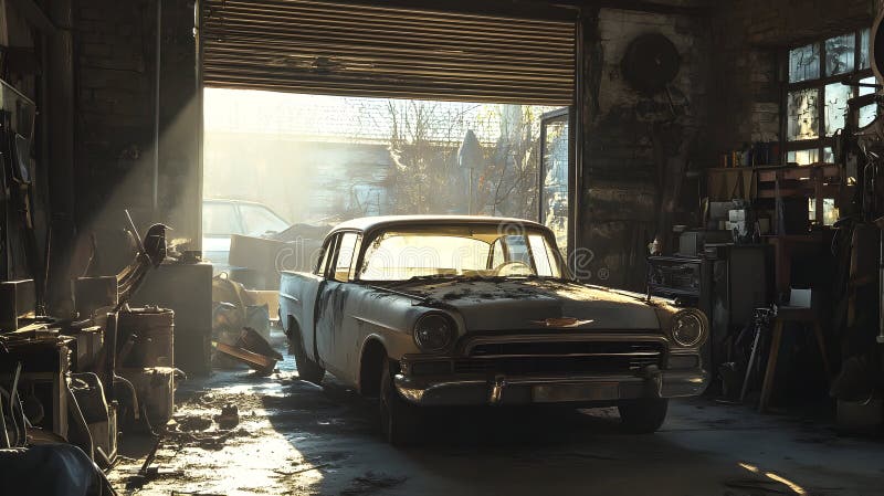 Vintage Classic Car in Sunlit Garage Workshop with Dusty Atmosphere ...