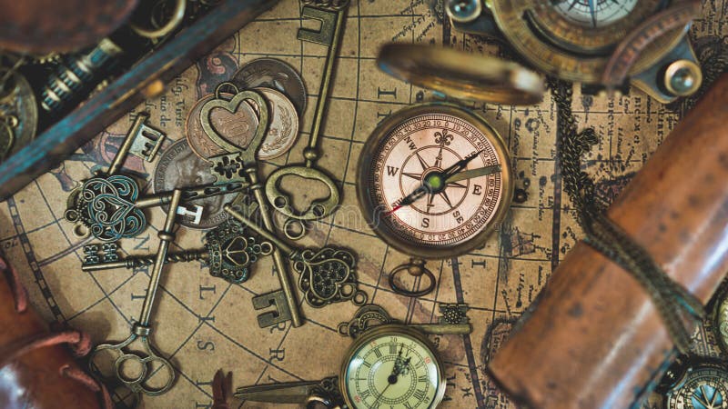 Vintage Classic Compass and Skeleton Keys Stock Photo - Image of ...