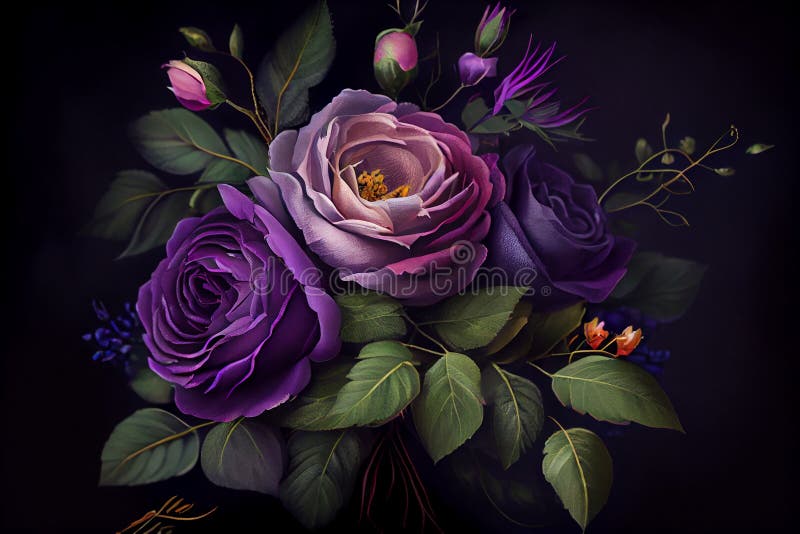 Vintage Classic Deep Violet Rose Bouquet on Dark Background ...