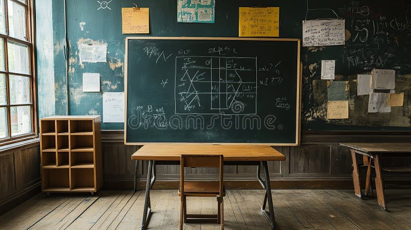 Vintage Classroom with Chalkboard, Desk, and Chair Stock Illustration ...