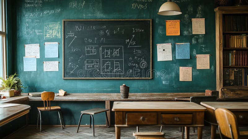 Vintage Classroom with Chalkboard, Desks, and Bookshelves Stock ...