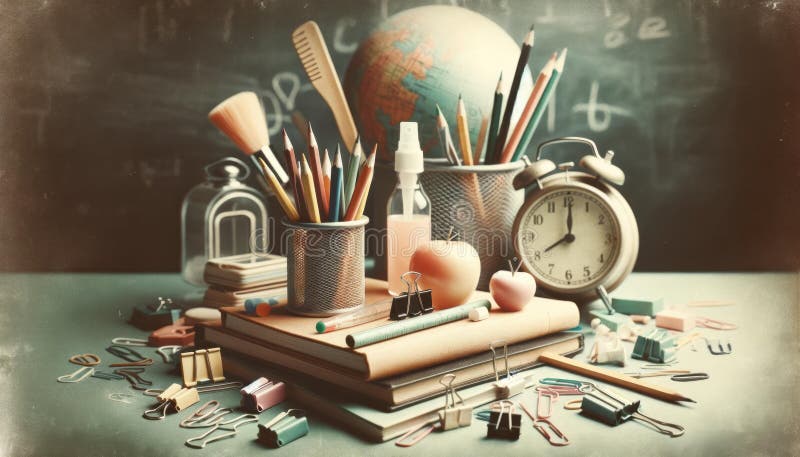 Vintage Classroom Essentials with Chalkboard Background, AI Generated ...
