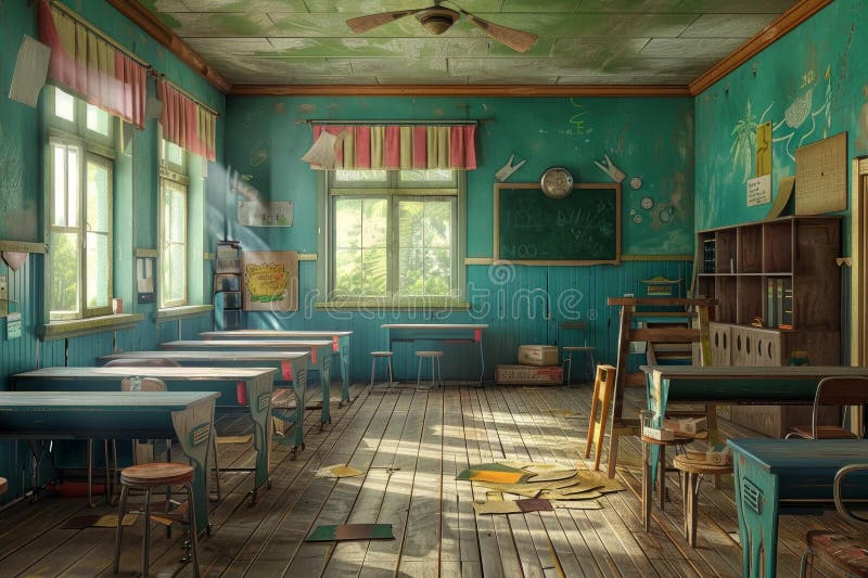 Vintage Classroom Interior with Sunlight Stock Image - Image of space ...