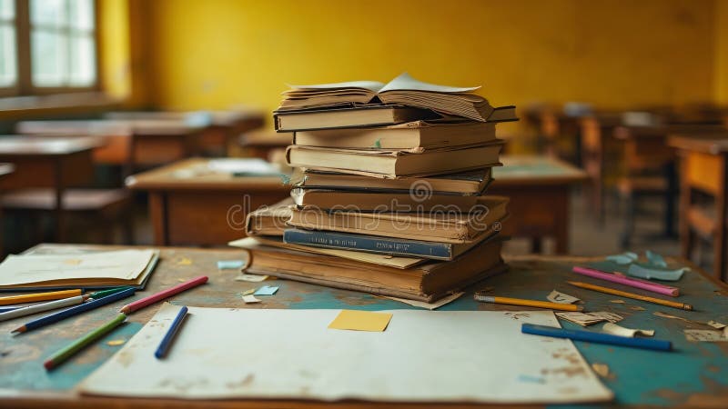 Vintage Classroom Stack of Books Desk Study Good Resolution Stock Photo ...