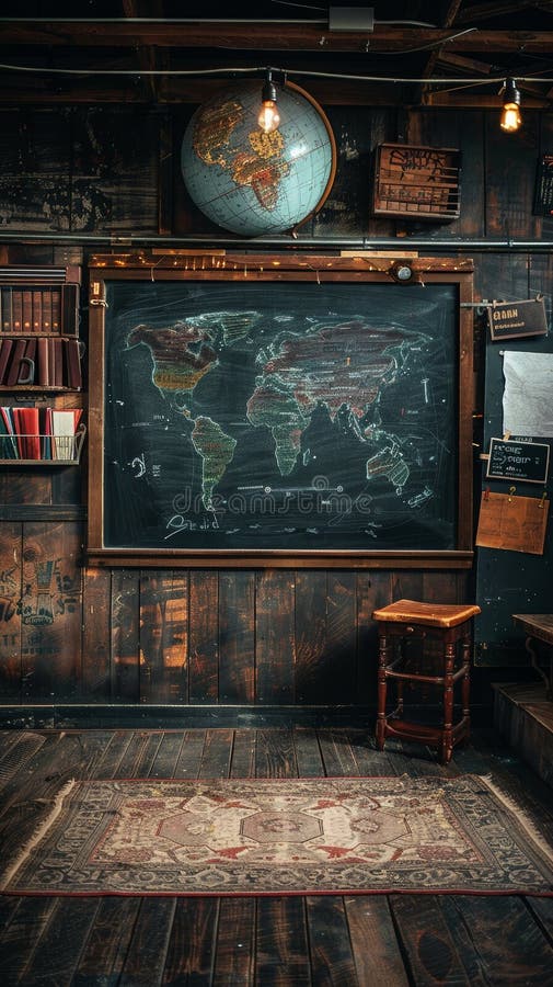 Vintage Classroom with World Map Chalkboard Wooden Walls and Globe in ...