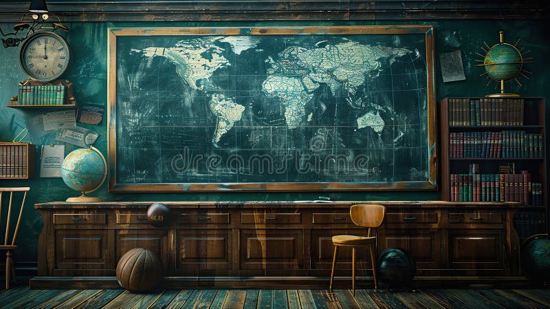 Vintage Classroom with World Map and Globes Stock Illustration ...