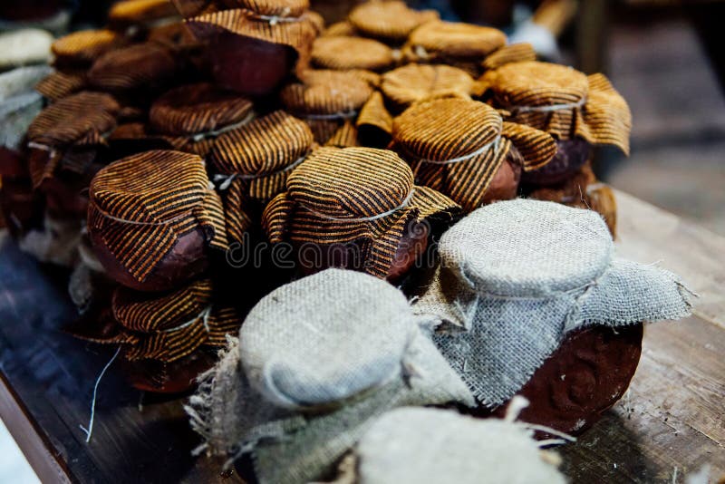 Vintage Clay Pots of Jam and Honey Stock Image - Image of confiture ...