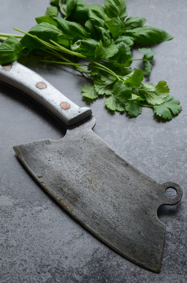 Vintage Cleaver on Stone Table Stock Image - Image of dark, steel: 53008889