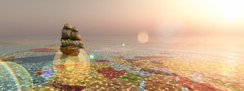 Vintage Clipper Ship Sailing on a Map with a Glowing Sunset Horizon ...