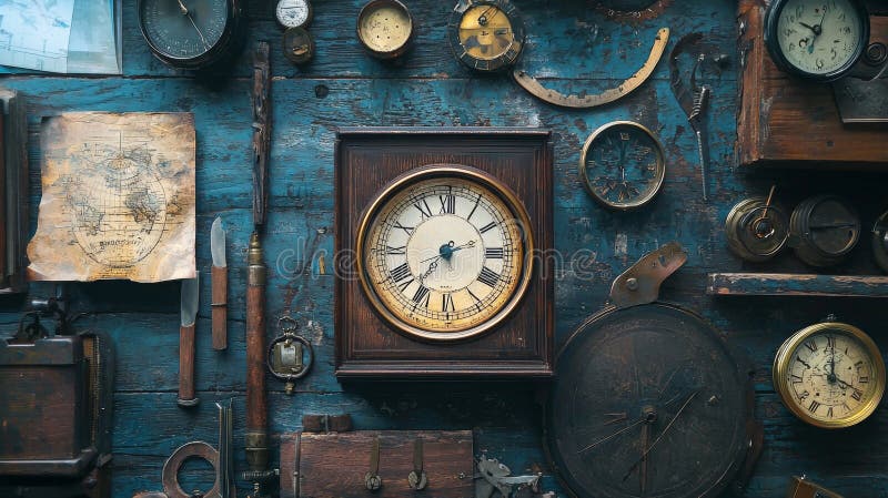 Vintage Clock and Antique Objects on a Rustic Wooden Surface Stock ...