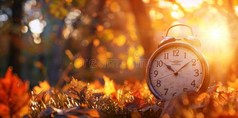 Vintage Clock in Autumn Leaves with Golden Sunlight Stock Photo - Image ...