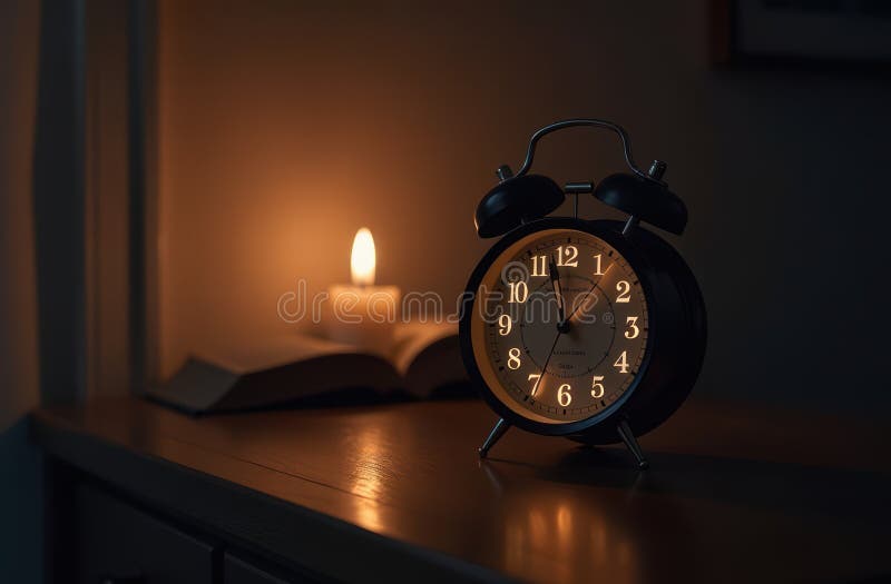 Vintage Clock with Candlelight and Open Book for Cozy Evening Ambience ...
