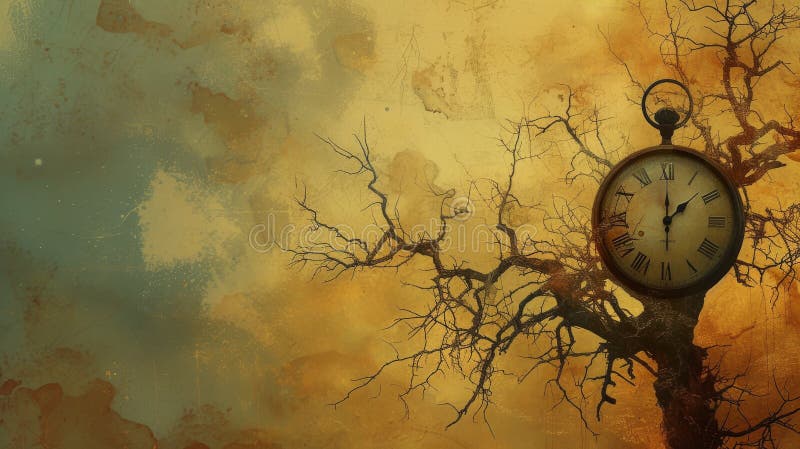 Clock Embedded in Tree Against a Grungy Sky Stock Image - Image of tree ...