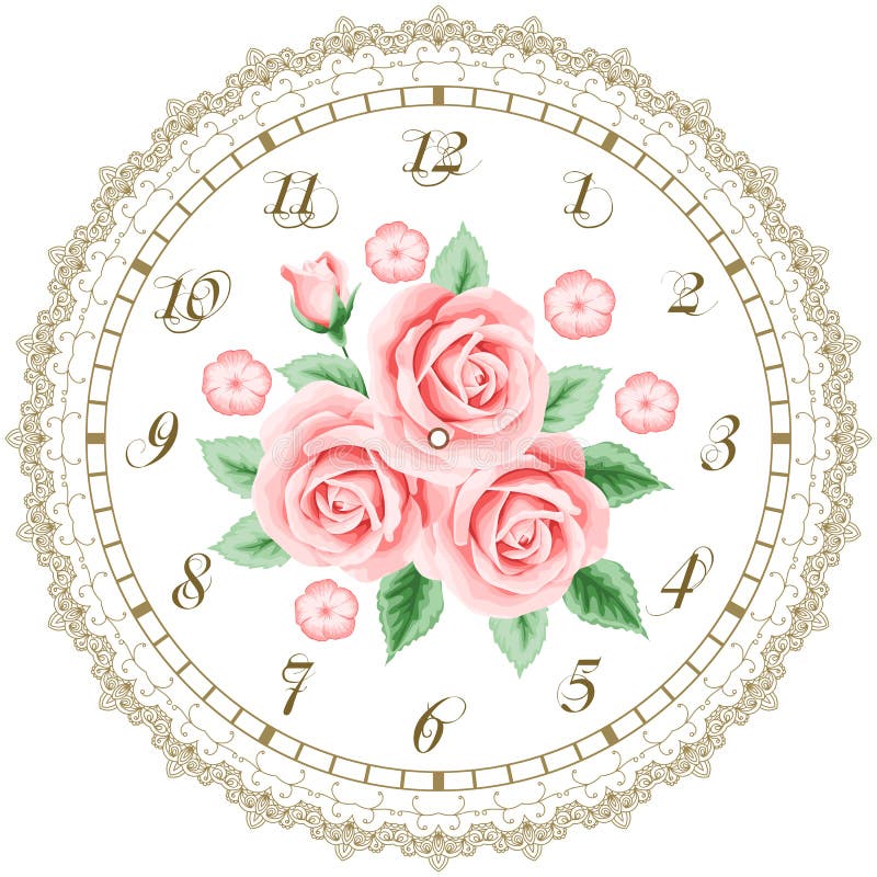Vintage Clock Face with Roses Stock Vector - Illustration of design ...