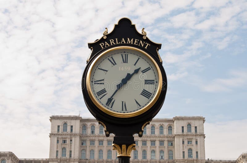 Vintage Clock in Front of Parliament, Bucharest Stock Photo - Image of ...
