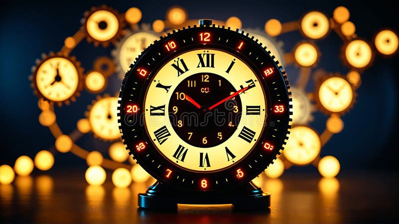 Vintage Clock with Glowing Gears and Roman Numerals at Night Stock ...