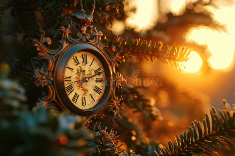 Vintage Clock Hanging on a Tree Branch in Warm Sunset Light Stock Photo ...