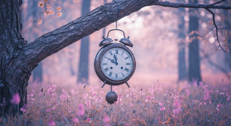 Vintage Clock Hanging on Tree Surrounded by Enchanted Pink Forest ...