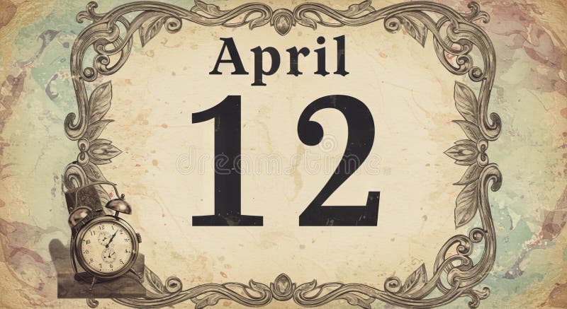 Vintage Clock Illustration Featuring April 12 with Ornate Frame Design ...
