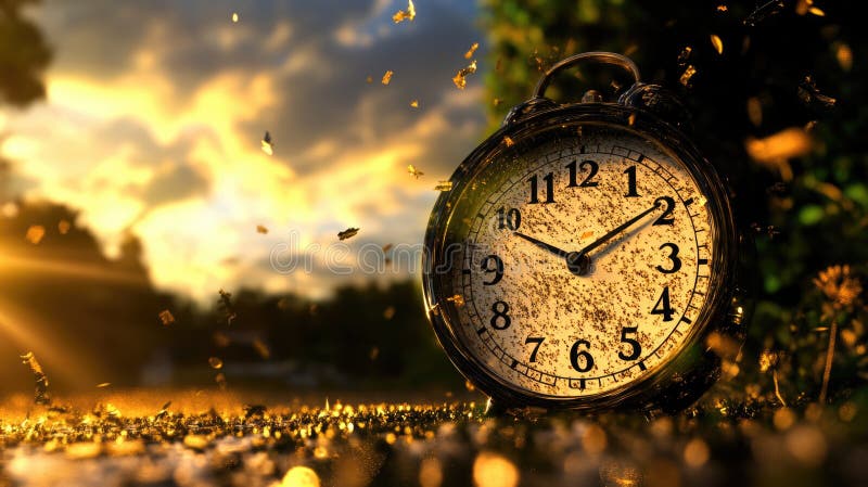Vintage Clock Outdoors at Sunset with Nature and Golden Hour Light ...