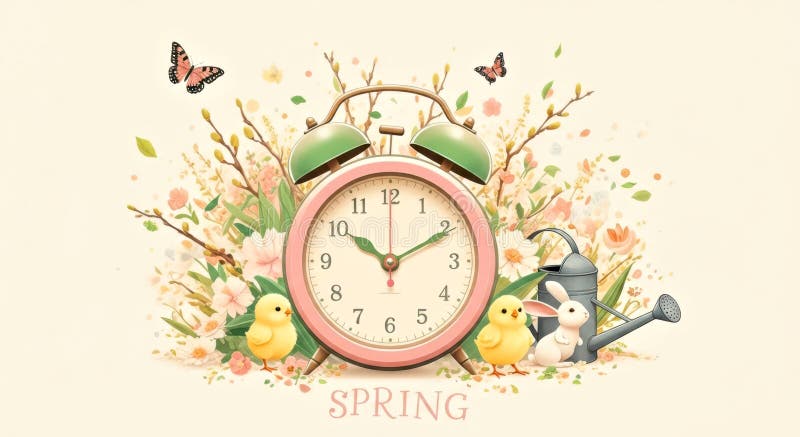 Vintage Clock and Springtime Elements with Flowers and Chicks Stock ...