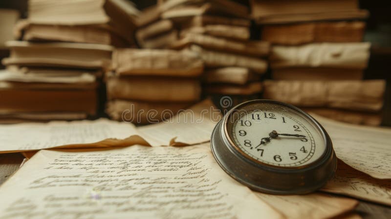 Vintage Clock on Stack of Handwritten Letters Stock Image - Image of ...