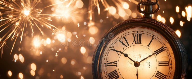 A Vintage Clock Showing Midnight with Fireworks Lighting Up the ...