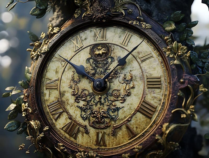 Vintage Clock Surrounded by Intricate Foliage Design Stock Illustration ...