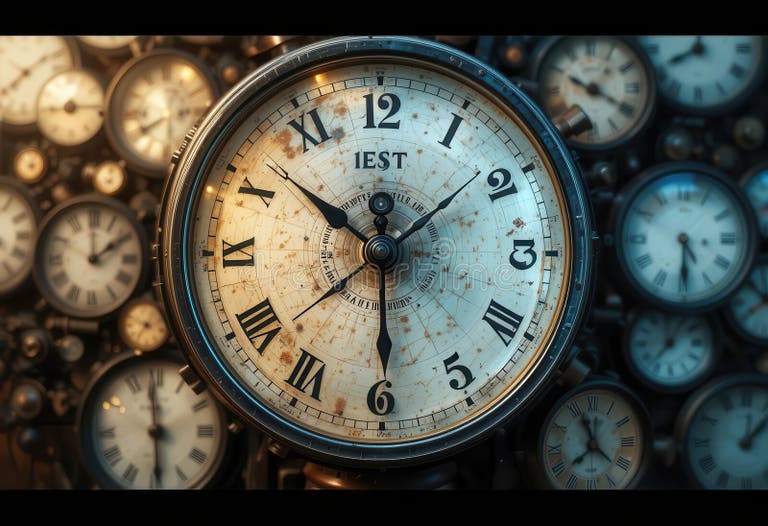 Vintage Clock Surrounded by Multiple Timepieces Creating a Unique ...