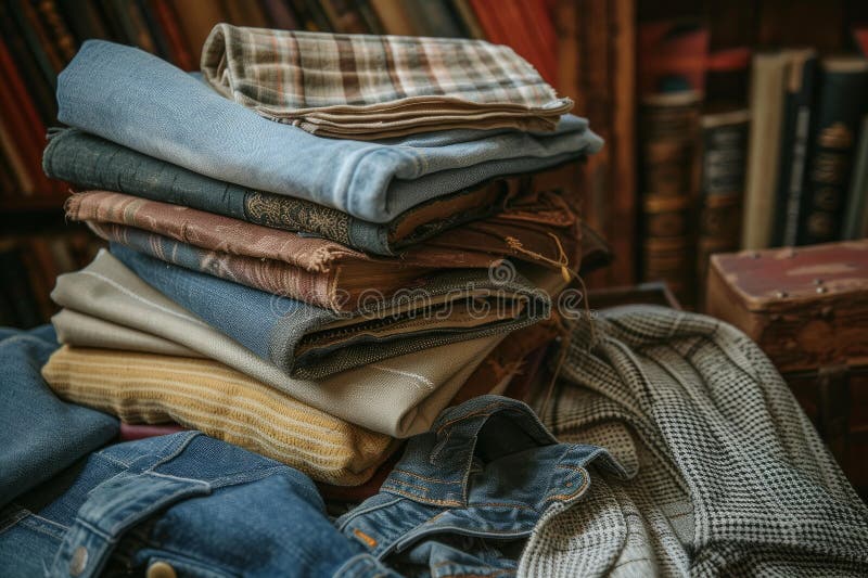 Vintage Clothing Stack with Books Stock Illustration - Illustration of ...