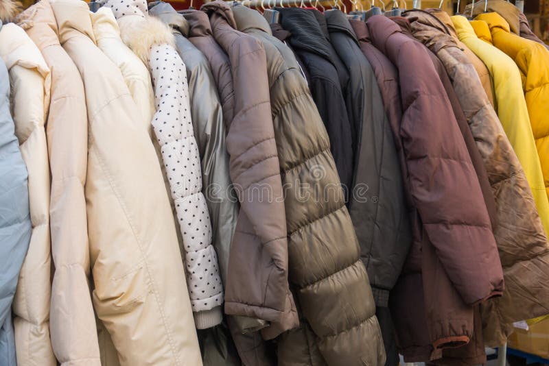 Winter Coats Hanged on a Clothes Rack Stock Image - Image of choose ...
