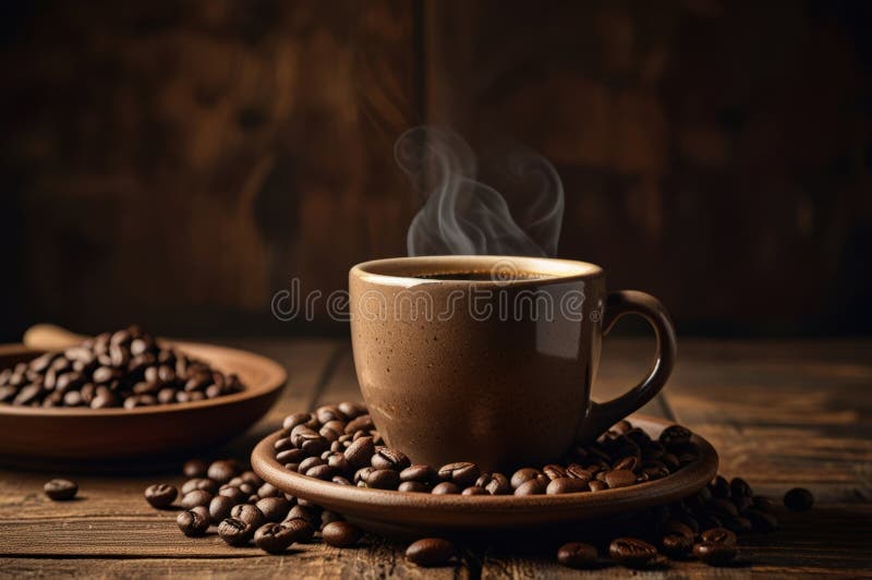 Vintage Coffee Vibe a Ceramic Cup Filled with Black Coffee, Surrounded by Coffee Beans ...