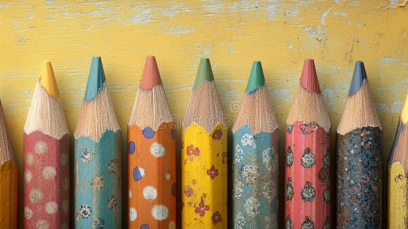 Vintage Colored Pencils with Decorative Patterns on a Wooden Background ...