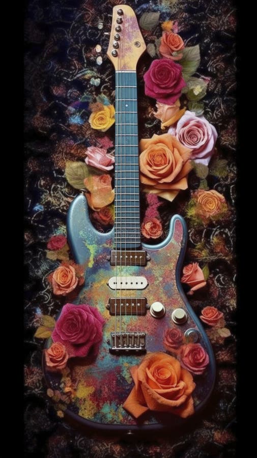 Vintage Colorful Gothic Guitar with Flowers. Stock Illustration ...